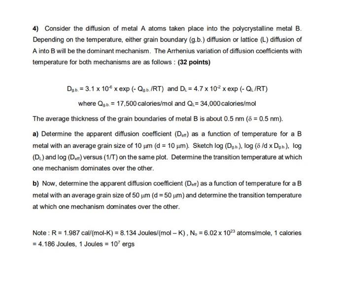 Solved 4) Consider the diffusion of metal A atoms taken | Chegg.com