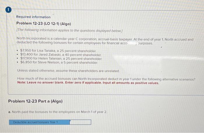 Solved Required information Problem 12.47 (LO 12-3) (Algo) | Chegg.com