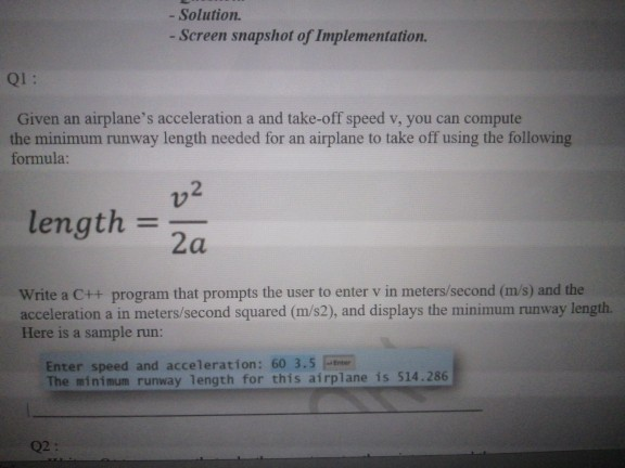 Solved Given an airplane's acceleration a and take-off speed | Chegg.com