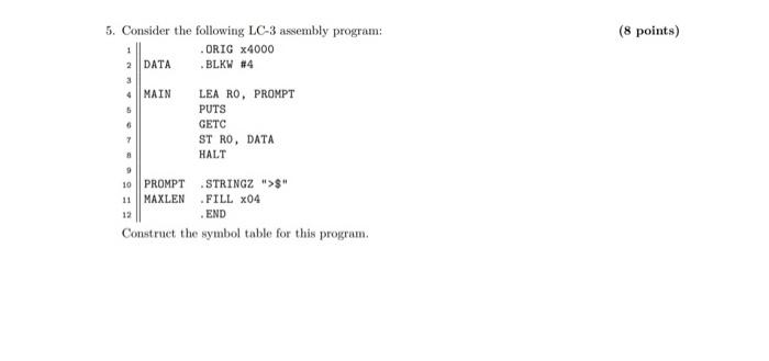 Solved (8 points) 5. Consider the following LC-3 assembly | Chegg.com
