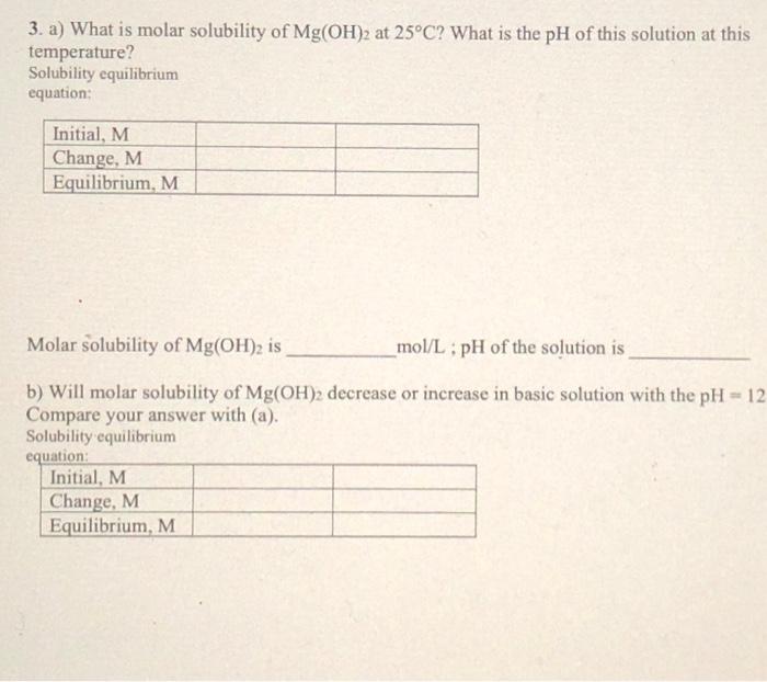 Solved 3. a) What is molar solubility of Mg(OH)2 at 25∘C ? | Chegg.com