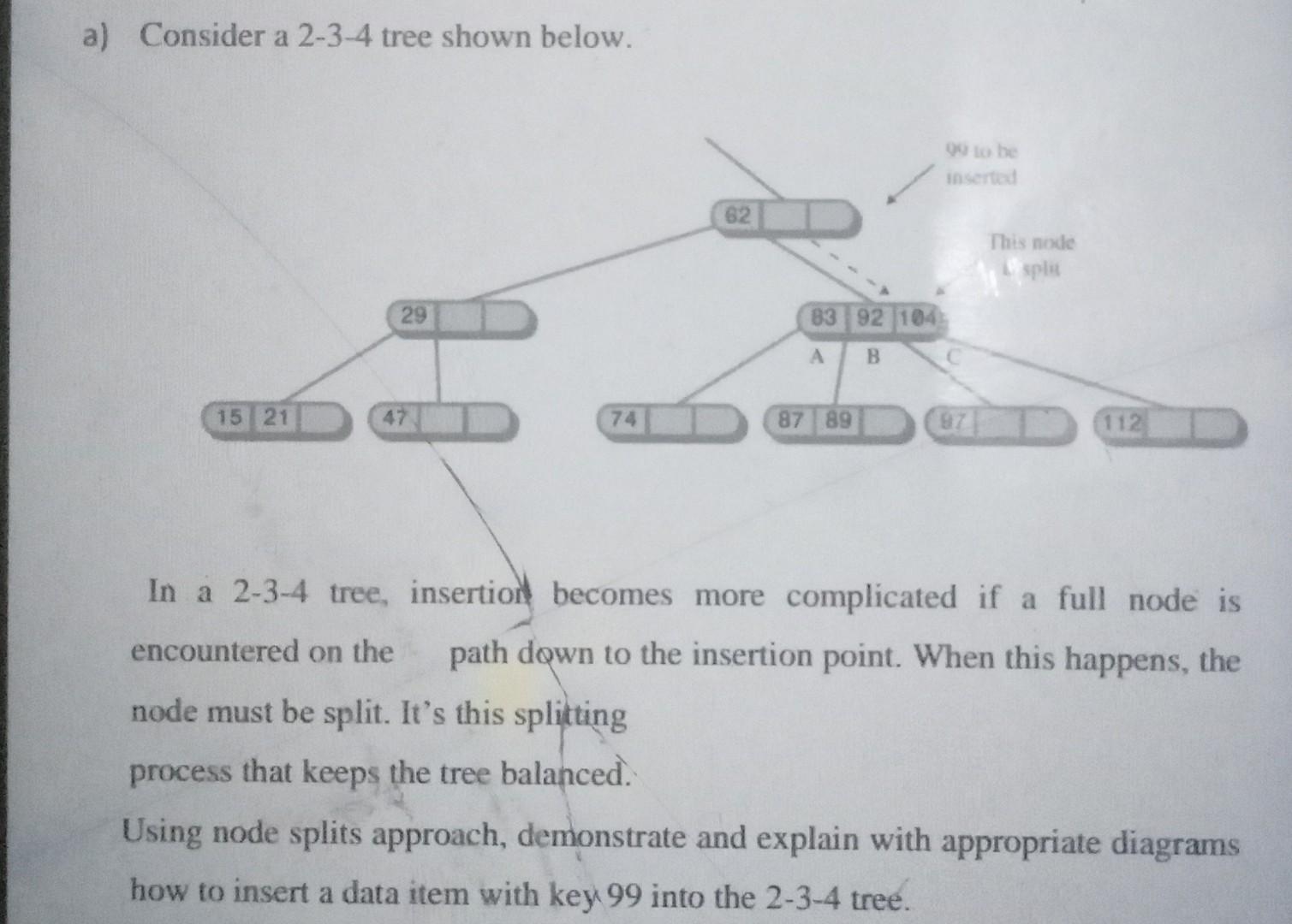 Solved A Consider A 2 3 4 Tree Shown Below In A 2 3 4 Chegg