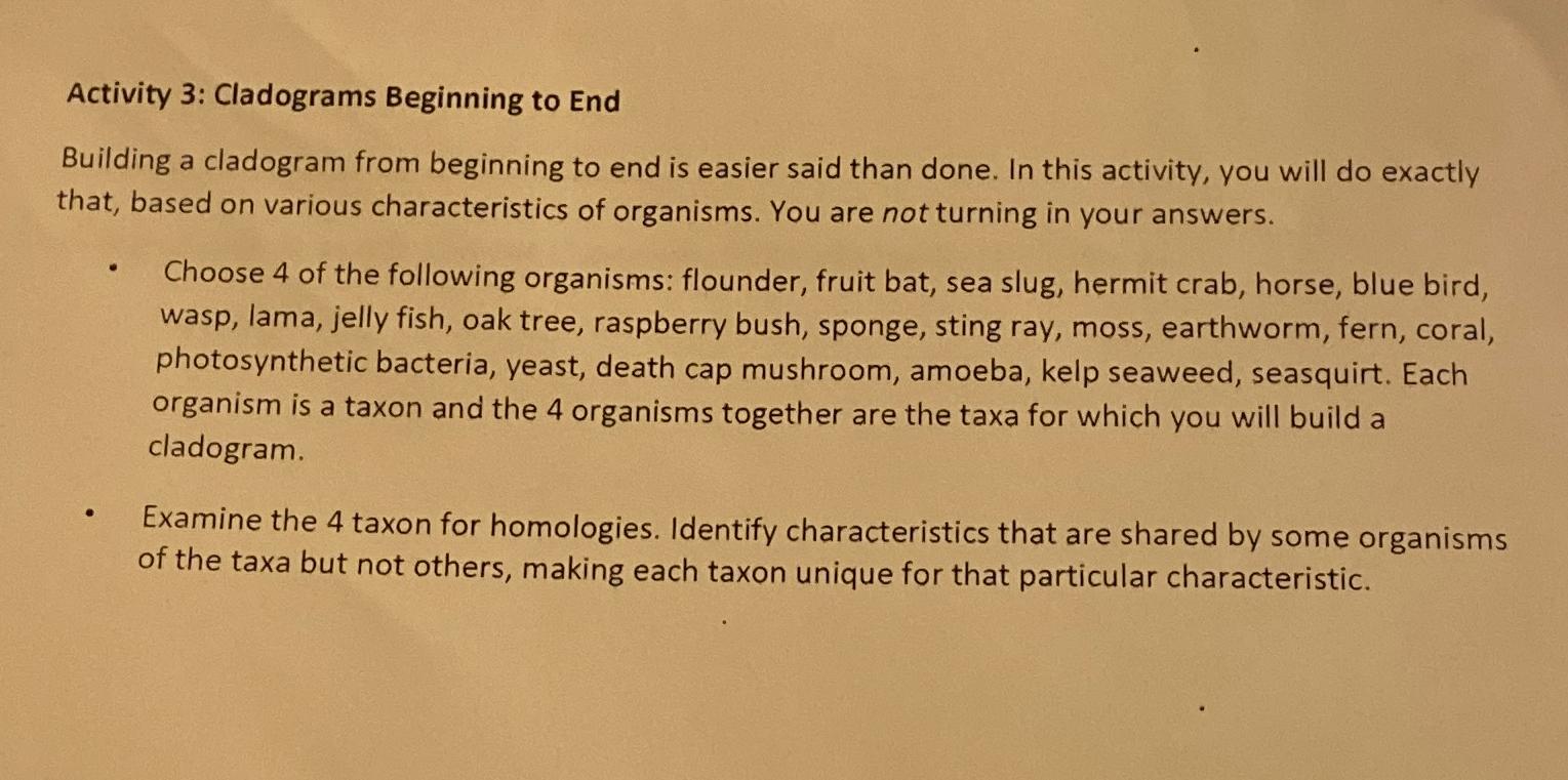Solved Activity 3: Cladograms Beginning to EndBuilding a | Chegg.com