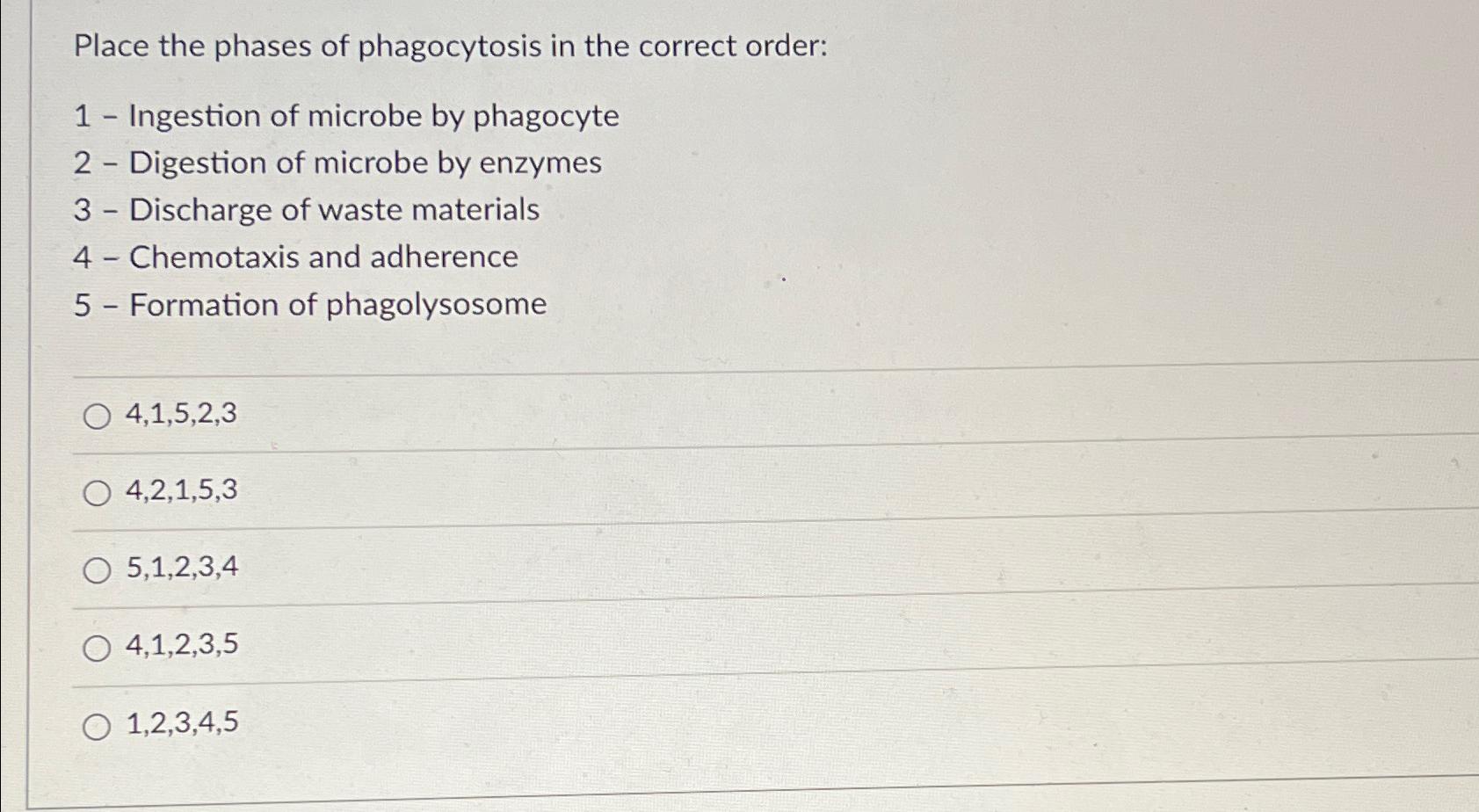 Solved Place the phases of phagocytosis in the correct | Chegg.com