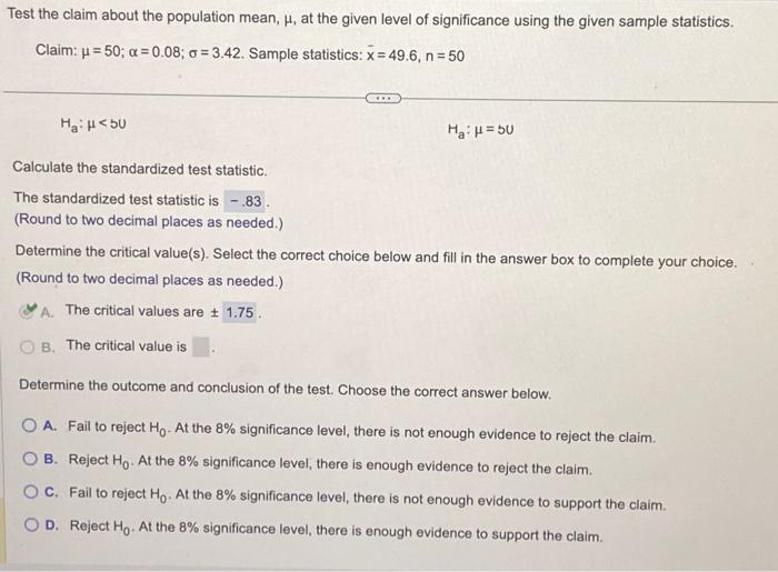 Solved Test the claim about the population mean, μ, at the | Chegg.com
