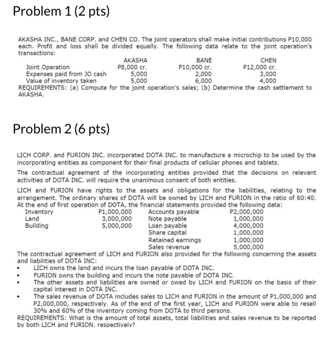Solved Problem 1 (2 pts) AKASHA INC., BANE CORP. and CHEN | Chegg.com