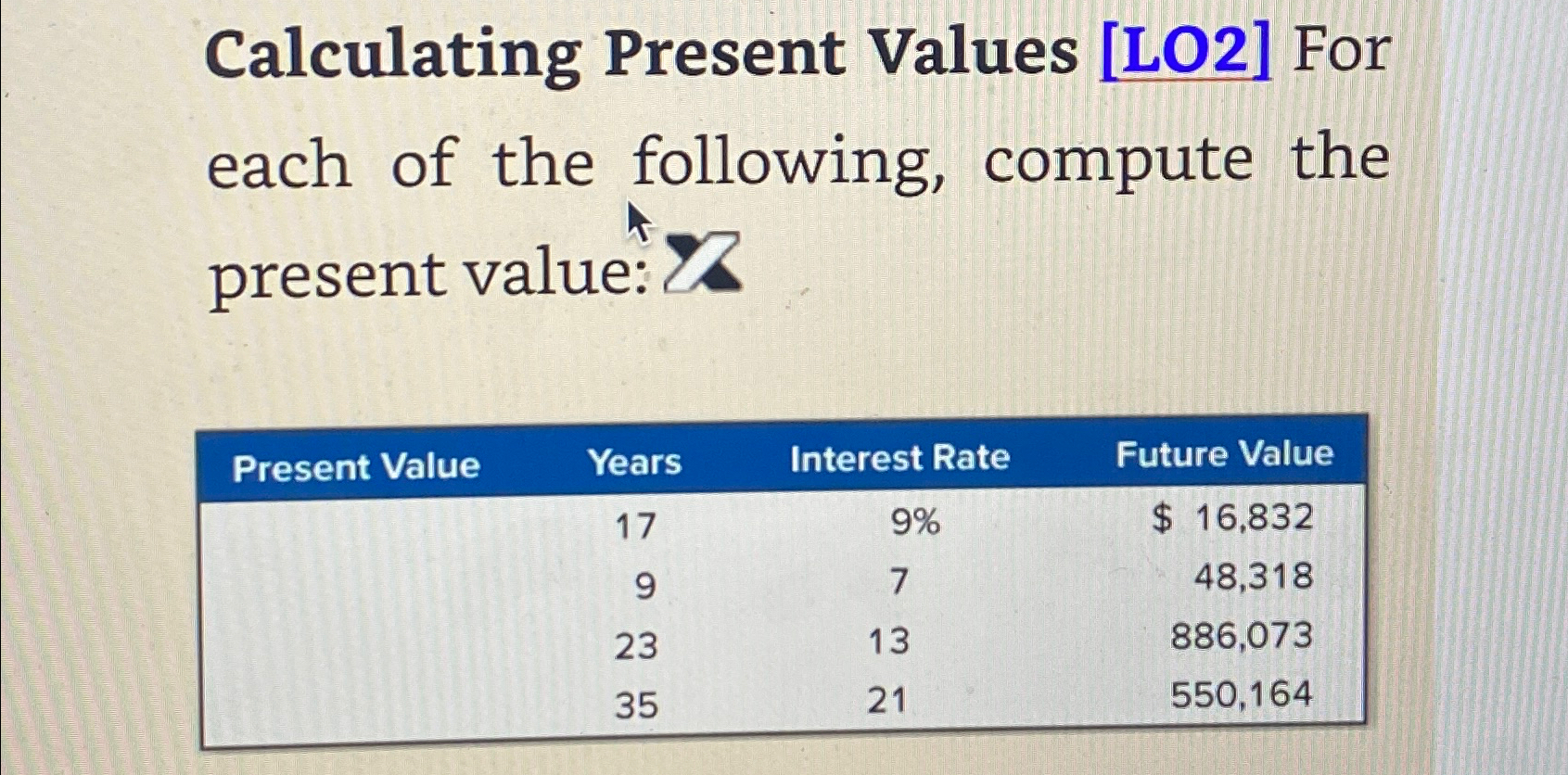 Solved Calculating Present Values [LO2] ﻿For each of the | Chegg.com