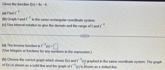 Solved Given the function f(x)=4x−6. (a) Find f−1. (b) Graph | Chegg.com