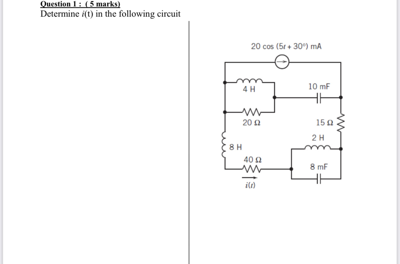 Solved Question 1: ( 5 ﻿marks)Determine i(t) ﻿in the | Chegg.com