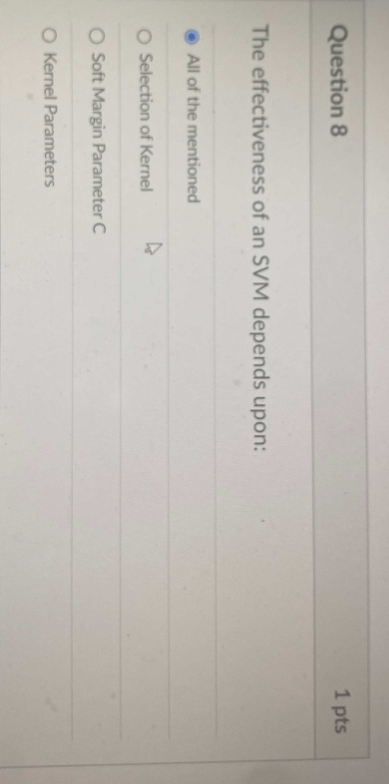Solved Question 81 ﻿ptsThe effectiveness of an SVM depends | Chegg.com