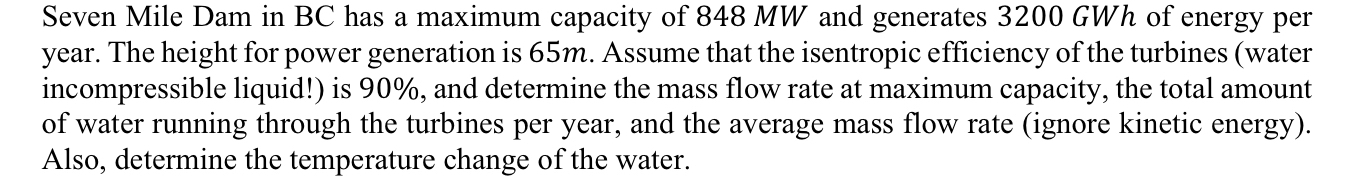Solved Seven Mile Dam in BC has a maximum capacity of 848 | Chegg.com