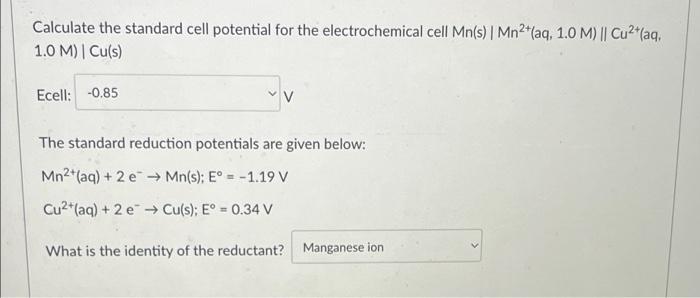Solved Calculate the standard cell potential for the | Chegg.com