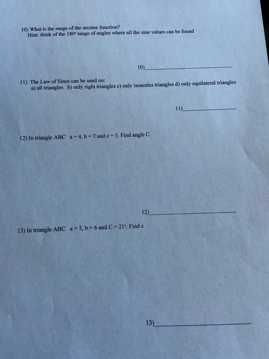 Solved 10 What Is The Range Of The Arcsine Function Hint