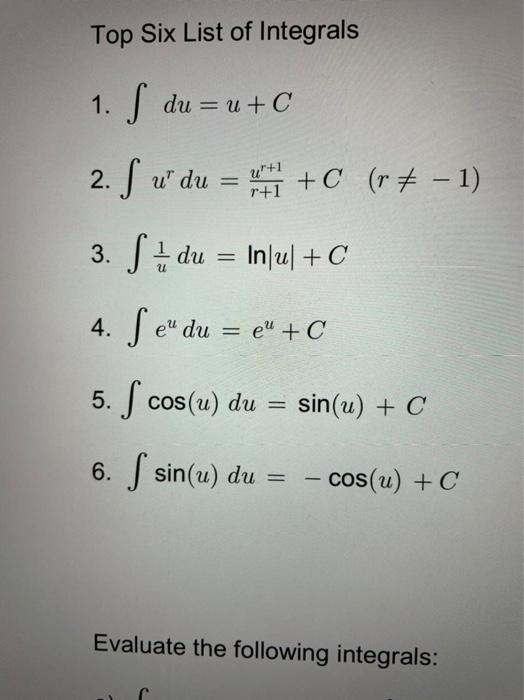 Solved 5. S cos(u) du = sin(u) + C 6. S sin(u) du = cos(u) + | Chegg.com