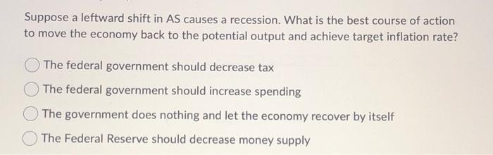 Solved Suppose a leftward shift in AS causes a recession. | Chegg.com