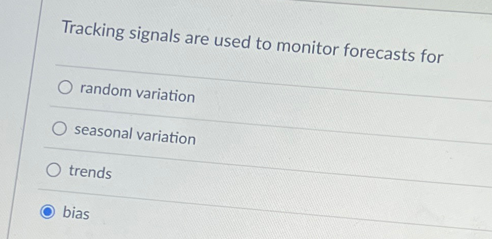 Solved Tracking signals are used to monitor forecasts | Chegg.com