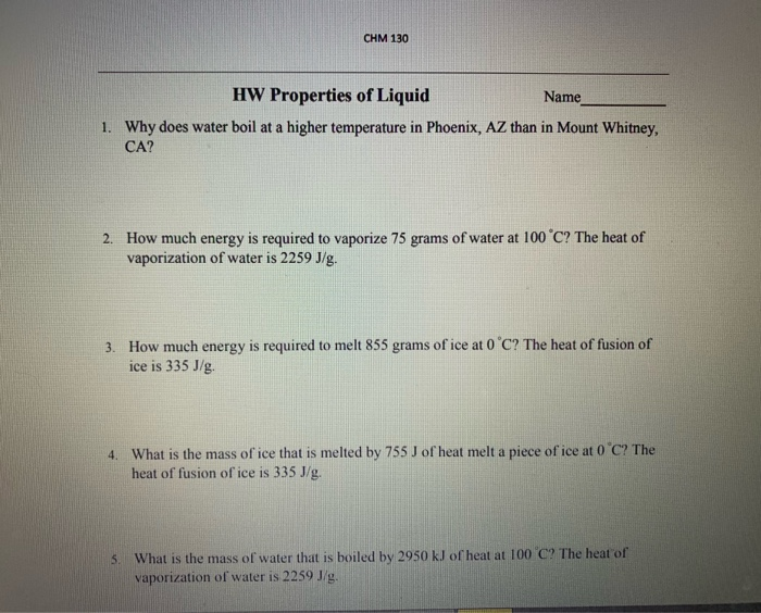 Solved Chapter 13 worksheet: HW properties of a liquid for | Chegg.com