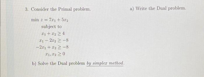 Solved 3. Consider the Primal problem. a) Write the Dual | Chegg.com