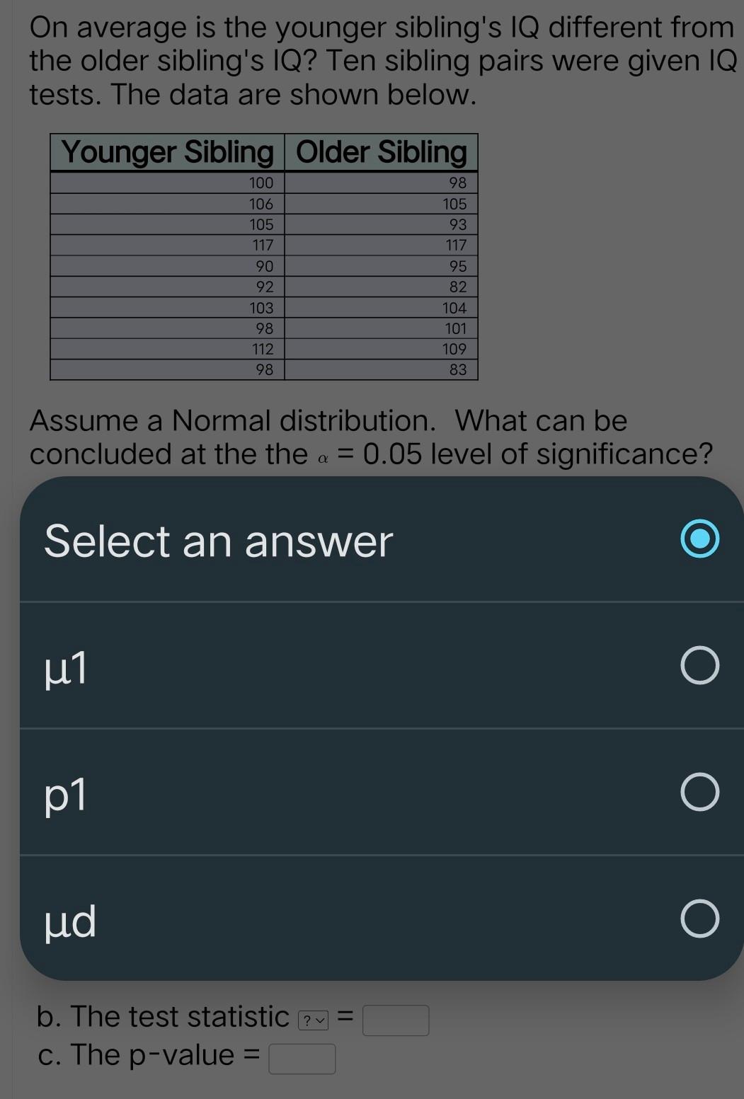 Solved On average is the younger sibling's IQ different from | Chegg.com