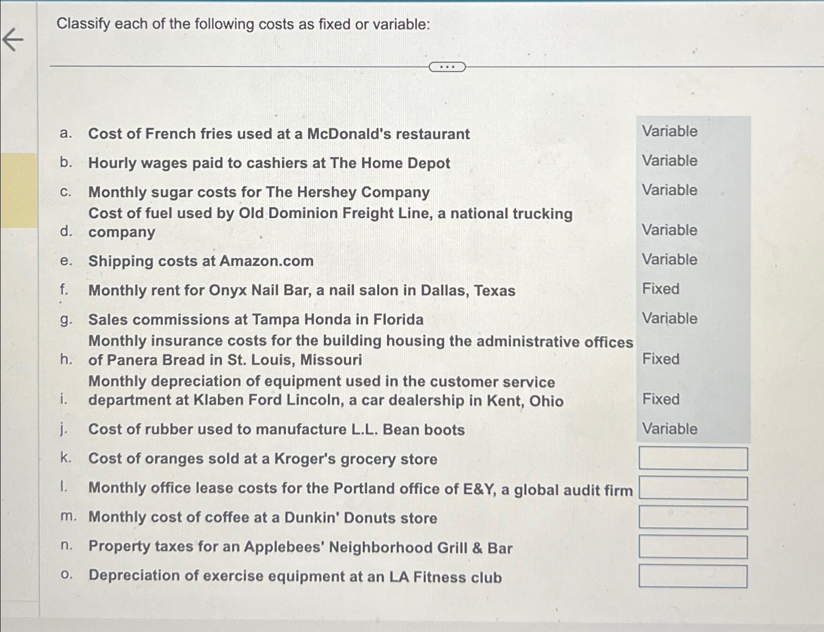 Solved Classify each of the following costs as fixed or | Chegg.com