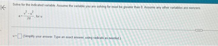Solved Solve for the indicated variable. Assume the variable | Chegg.com
