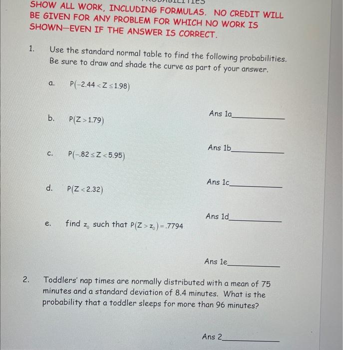 Solved SHOW ALL WORK, INCLUDING FORMULAS. NO CREDIT WILL BE | Chegg.com