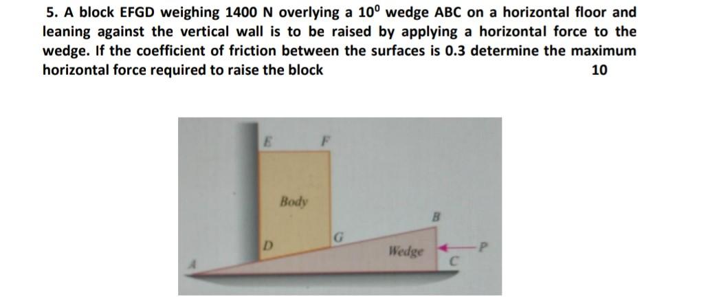 Solved 5. A block EFGD weighing 1400 N overlying a 10° wedge | Chegg.com