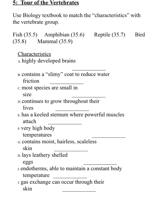 Solved 5: Tour of the Vertebrates Use Biology textbook to | Chegg.com