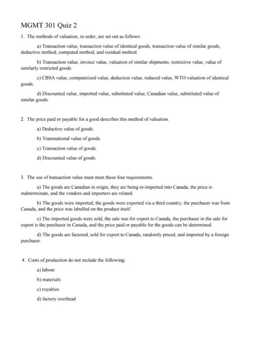 MGMT 301 Quiz 2 1. The methods of valuation, in | Chegg.com