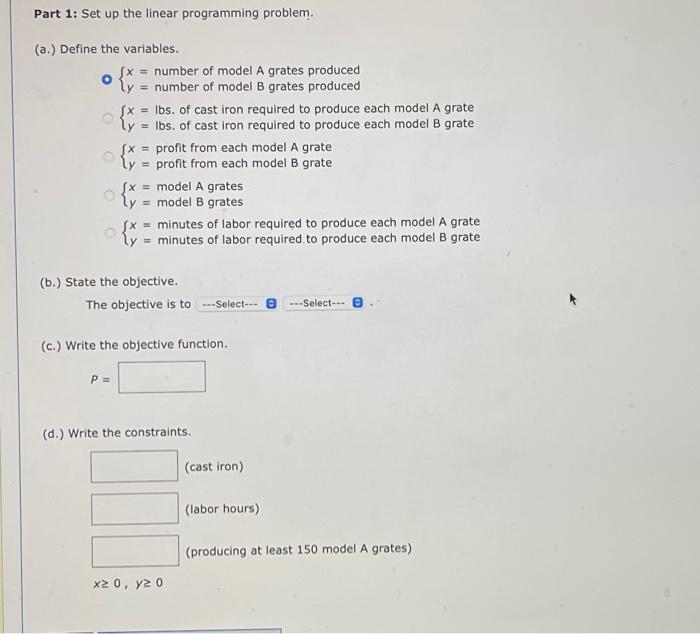 Solved Part 1: Set up the linear programming problem. (a.) | Chegg.com