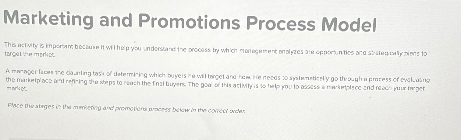 Solved Marketing and Promotions Process ModelThis activity | Chegg.com