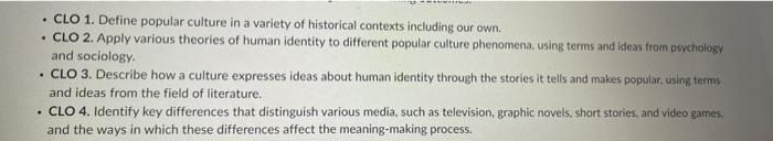 - CLO 1. Define popular culture in a variety of | Chegg.com