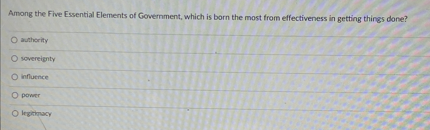 Solved Among the Five Essential Elements of Government, | Chegg.com