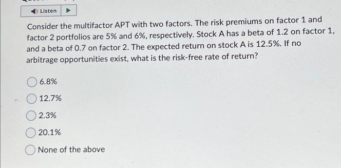 Solved Consider the multifactor APT with two factors. The | Chegg.com