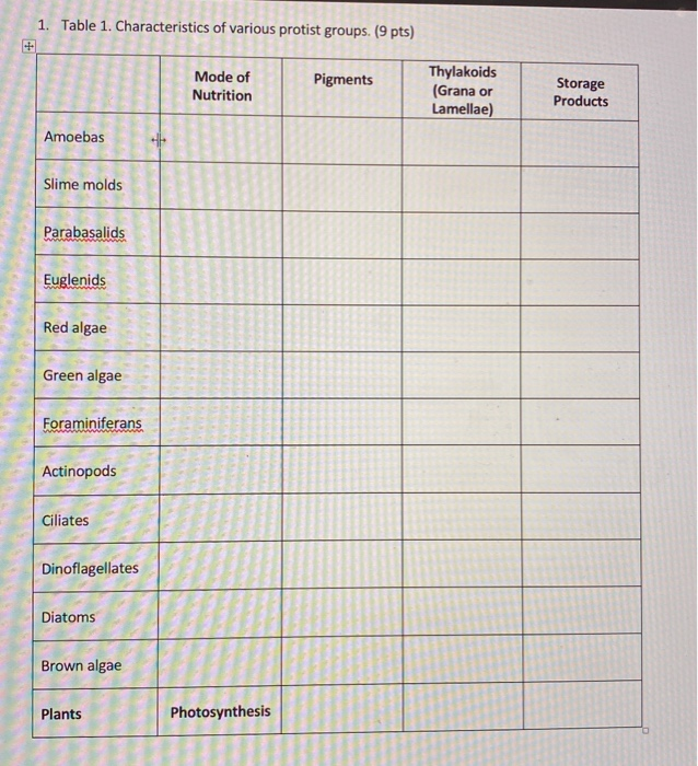 Solved 1. Table 1. Characteristics of various protist | Chegg.com