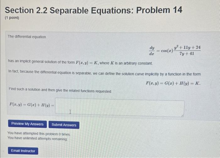 Solved Section 2 2 Separable Equations Problem 14 1 Point