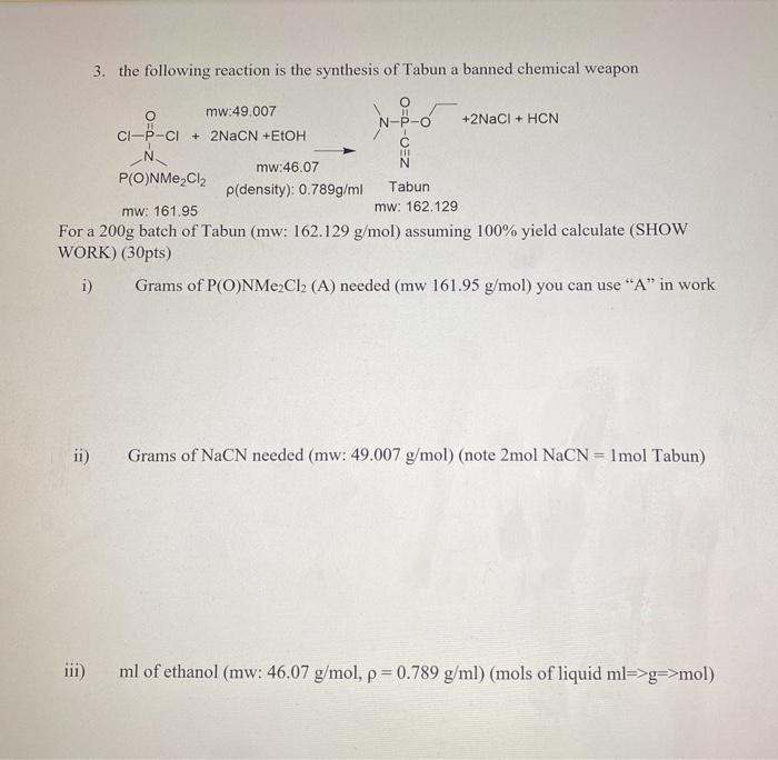 Solved 3. the following reaction is the synthesis of Tabun a | Chegg.com