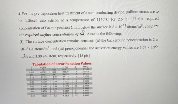 Solved 4. For the pre-deposition heat treatment of a | Chegg.com