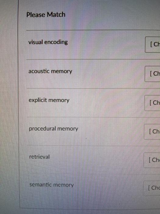 Solved Please Match visual encoding [CH acoustic memory [ Ch | Chegg.com