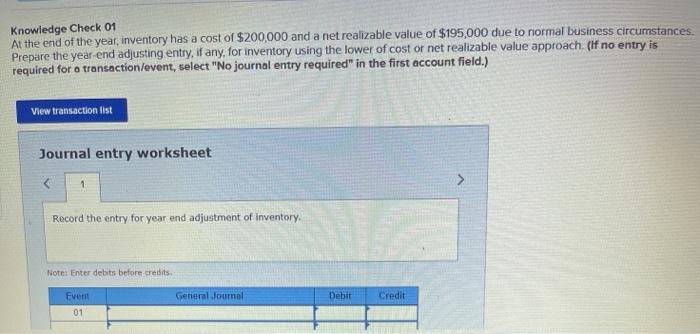 Solved Knowledge Check 01 At the end of the year, inventory | Chegg.com