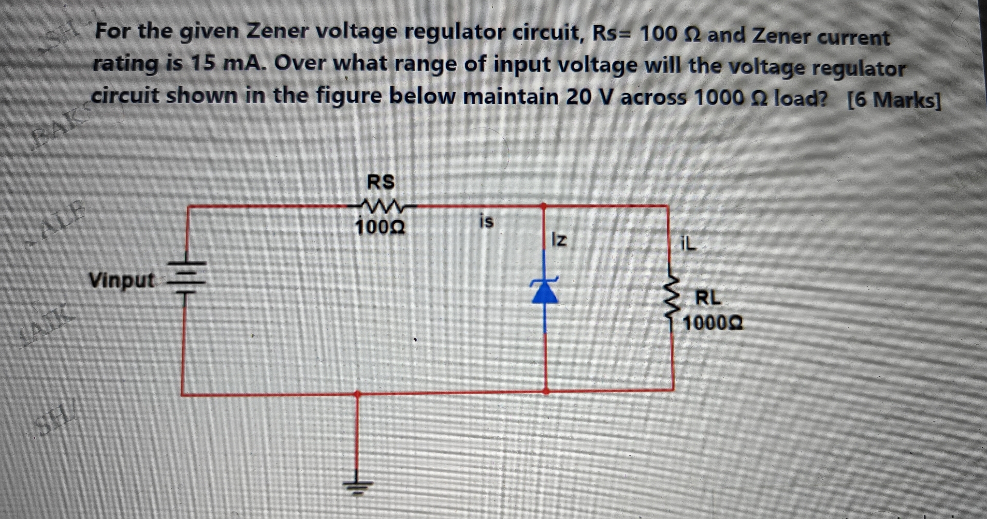 Solved For the given Zener voltage regulator circuit, Rs | Chegg.com