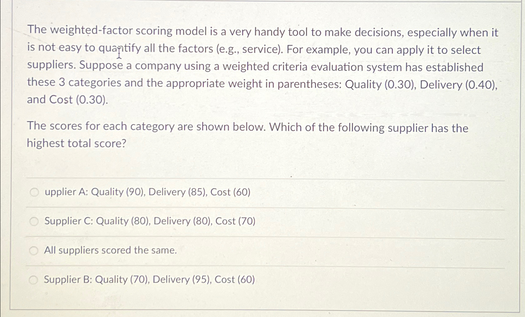 Solved The weighted-factor scoring model is a very handy | Chegg.com