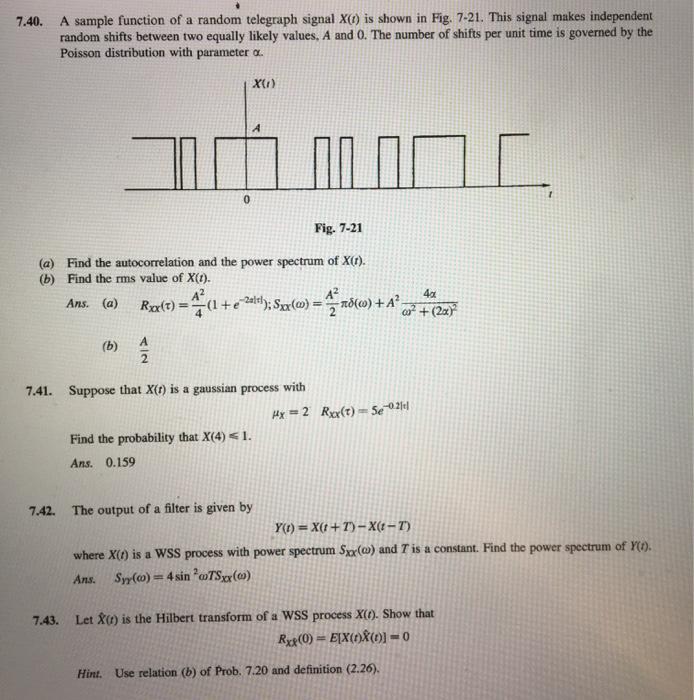 Solved 7.40. A sample function of a random telegraph signal | Chegg.com