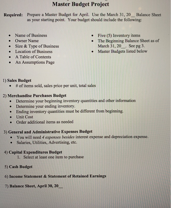 Master Budget Project Required: Prepare a Master | Chegg.com