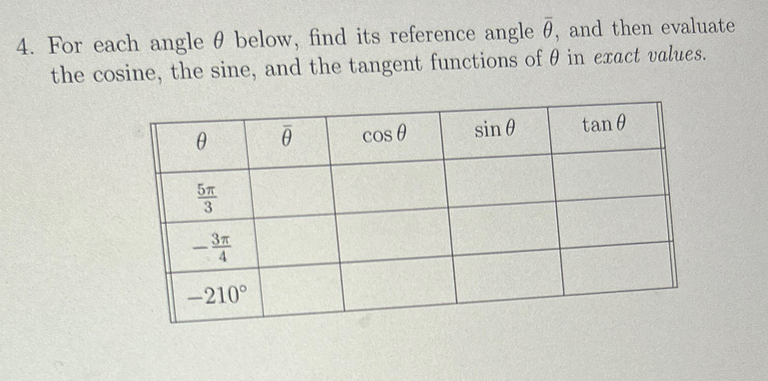 Solved For each angle θ ﻿below, find its reference angle | Chegg.com