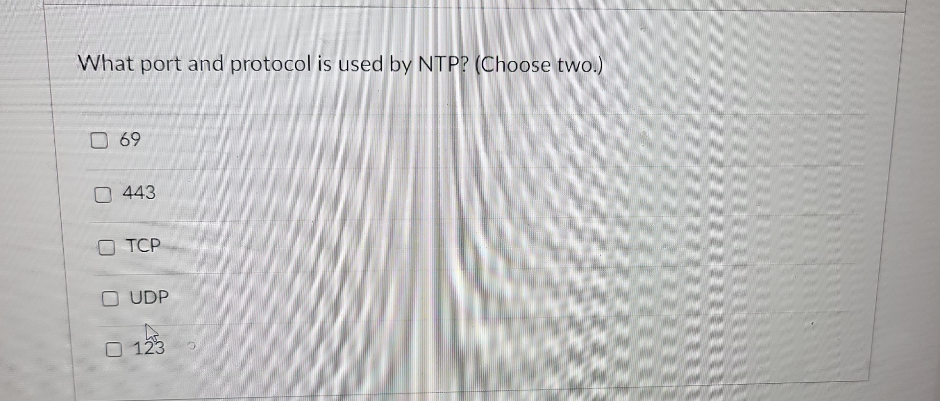 Solved What port and protocol is used by NTP? (Choose | Chegg.com