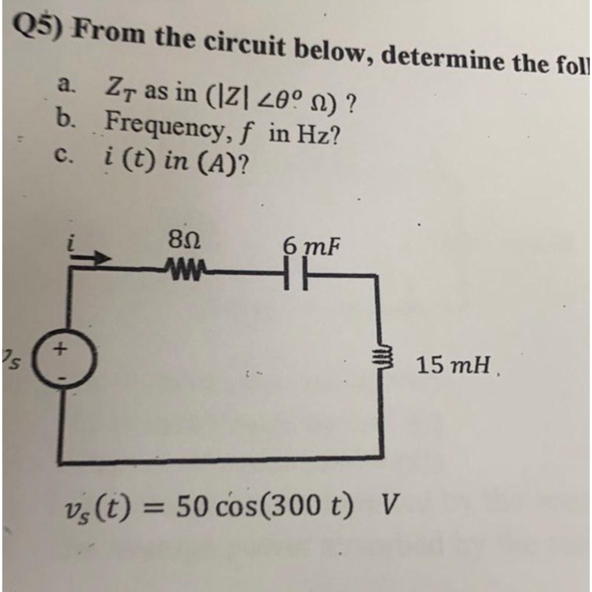 Solved Q5) ﻿From the circuit below, determine the fola. ZT | Chegg.com