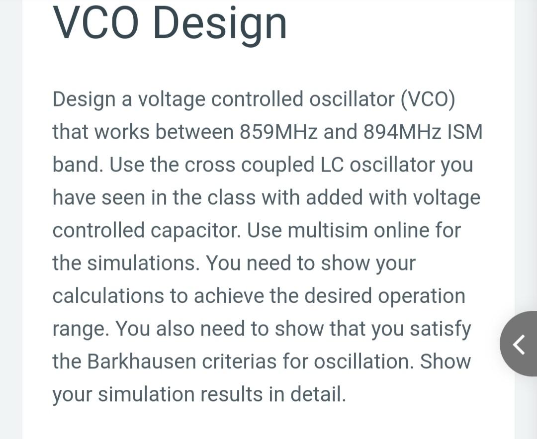 Solved VCO Design Design a voltage controlled oscillator | Chegg.com
