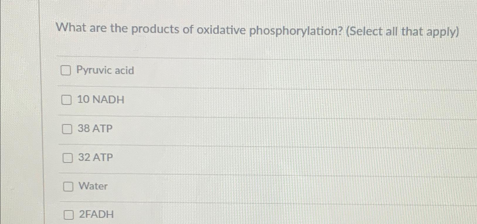 Solved What are the products of oxidative phosphorylation? | Chegg.com