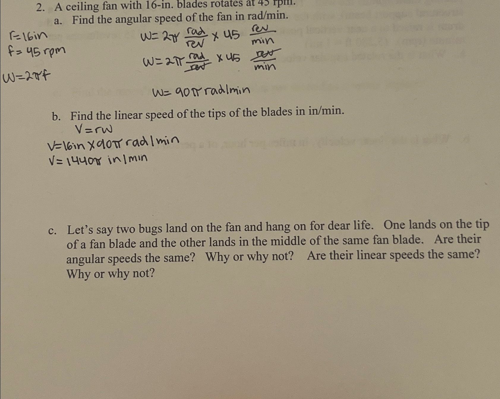 Solved PLEASE SOLVE PROBLEM C ONLY A ceiling fan with 16-in. | Chegg.com